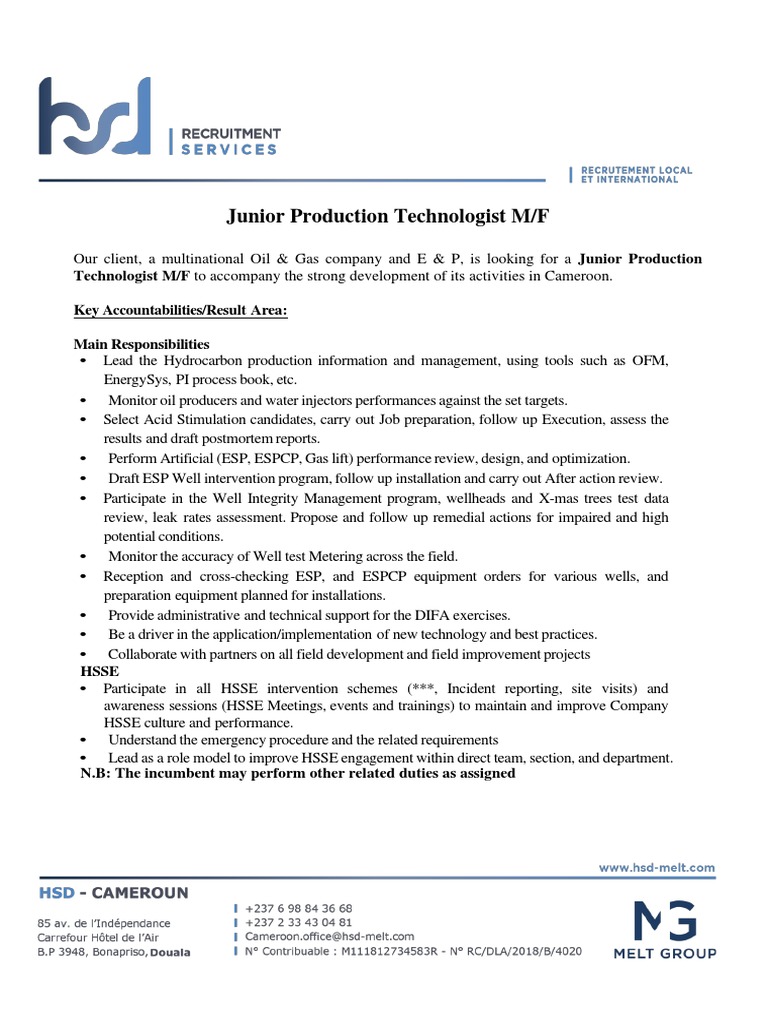 Junior Production Technologist M/F | PDF | Engineering