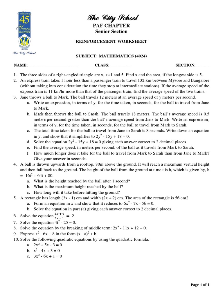 Reinforcement Worksheet (Quadratic Equations) | PDF | Speed | Quadratic ...