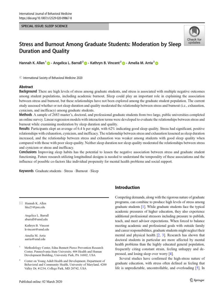 Stress and Burnout Among Graduate Students Moderation by Sleep Duration ...