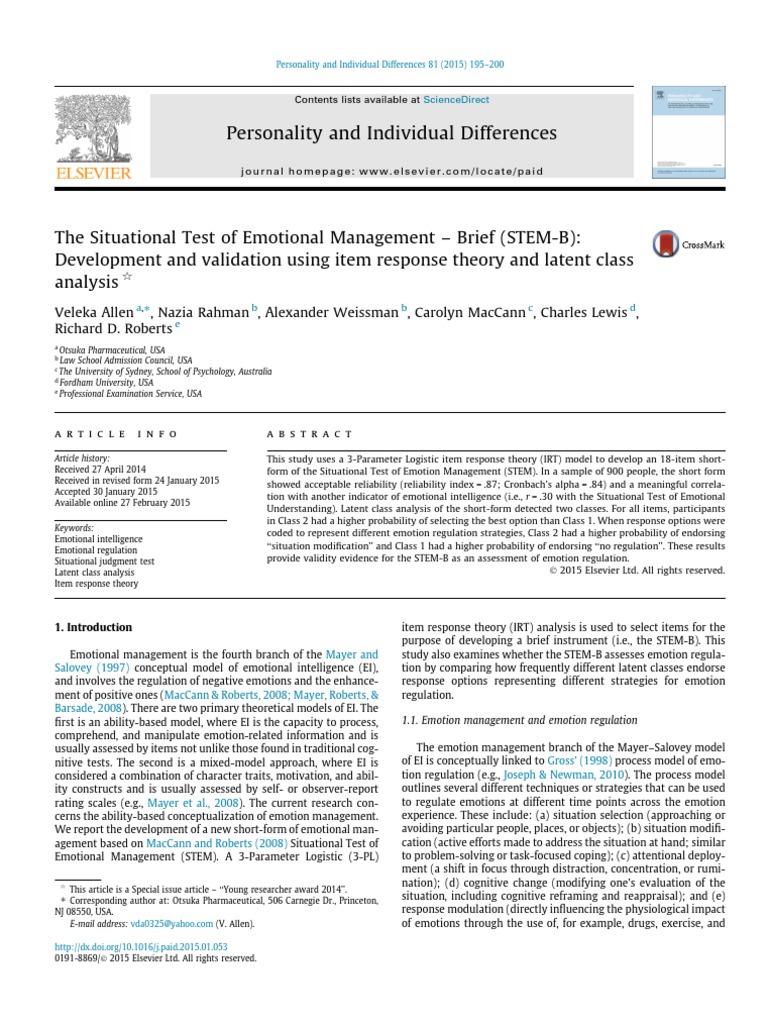 Personality and Individual Differences | PDF | Emotional Intelligence | Effect Size
