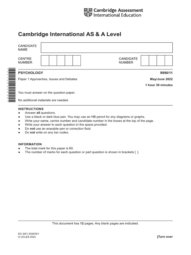 Cambridge International AS & A Level: PSYCHOLOGY 9990/11 | PDF ...