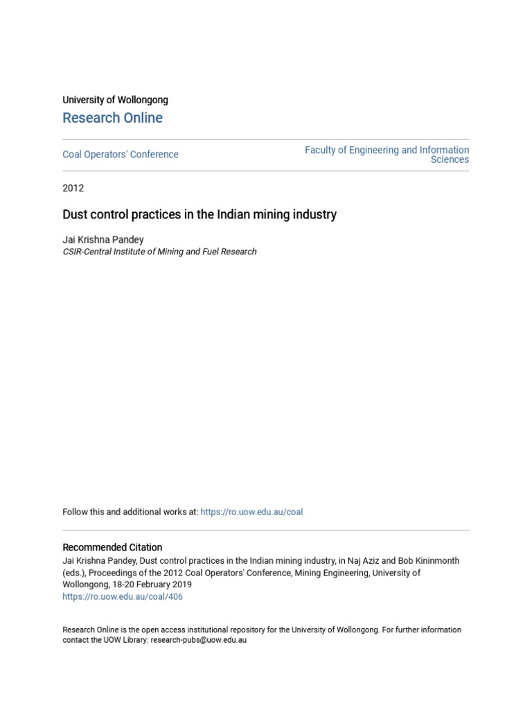 Dust Control Practices In The Indian Mining Industry Download Free