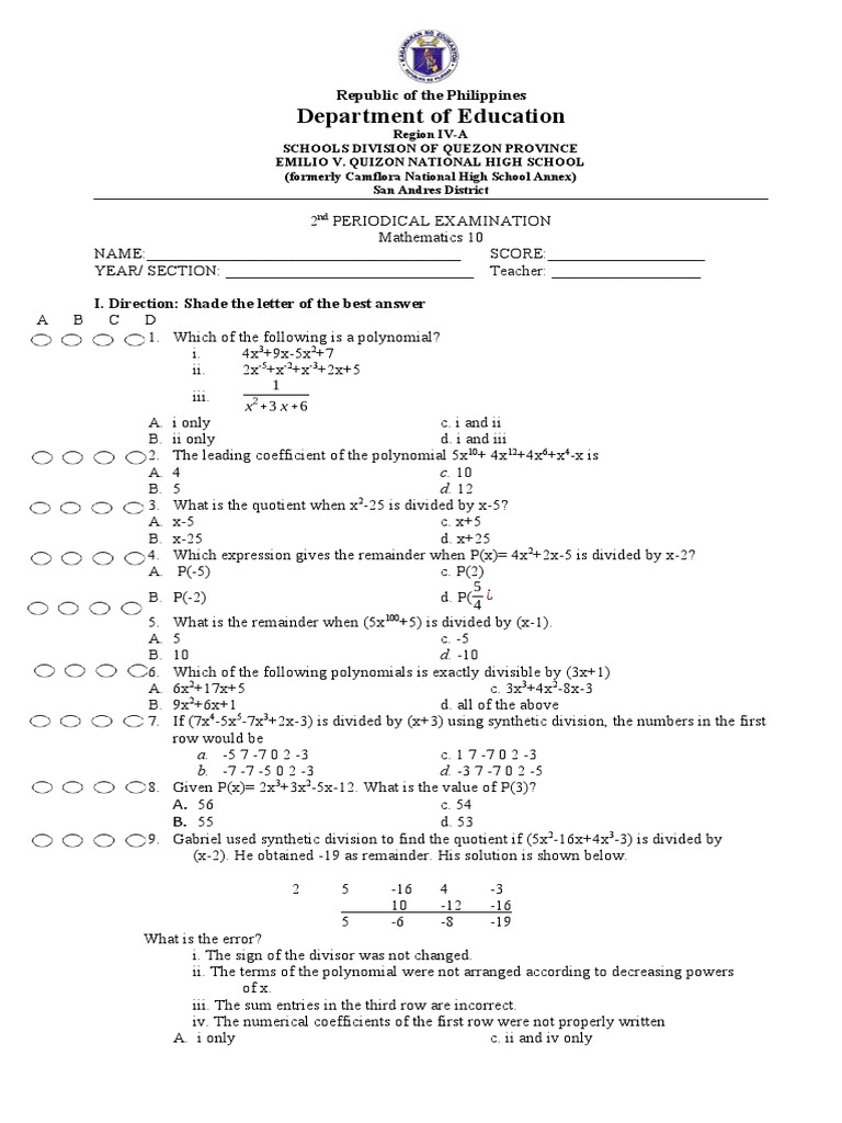 G10 Mathematics Second Periodical Exam Pdf Factorization