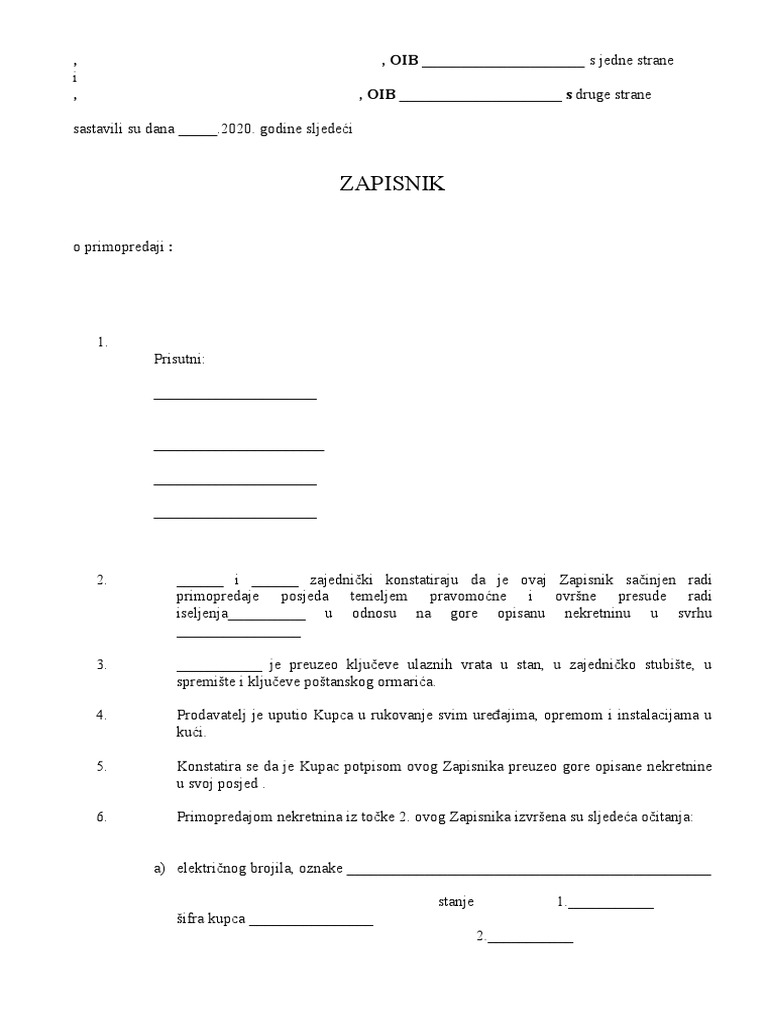Zapisnik o Preuzimanju Stana Primjerak 5 | PDF