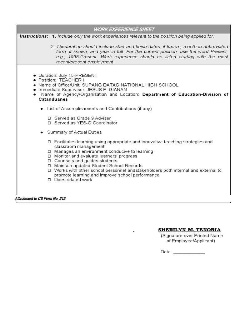 Attachment To CS Form No. 212 (Work Experience Sheet) | PDF