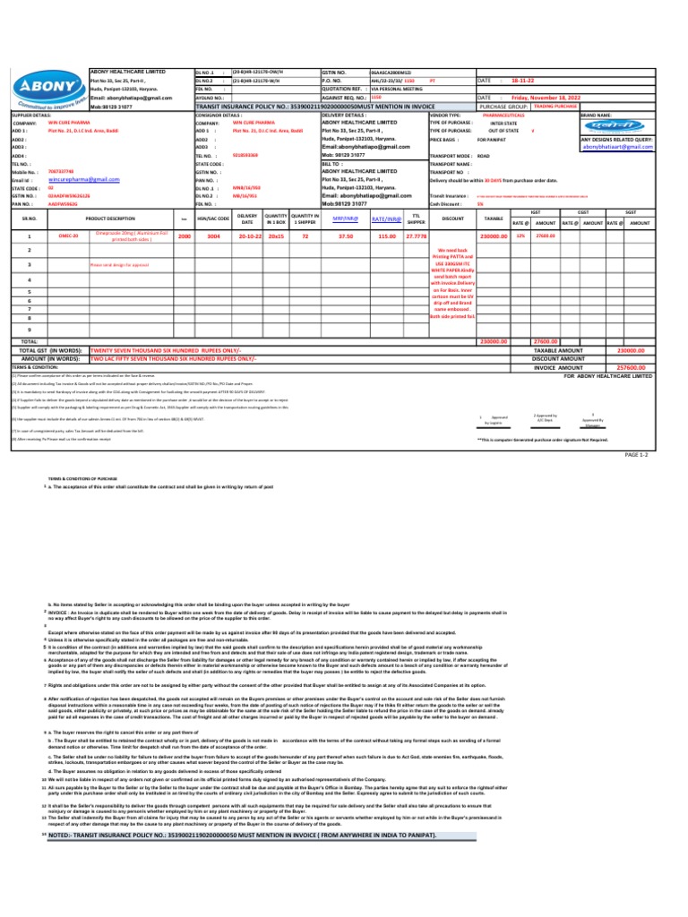 Transit Insurance Policy No.: 35390021190200000050must Mention in ...
