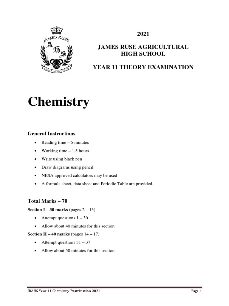 JRAHS Year 11 Chemistry Exam Review | PDF | Chemical Reactions | Chemistry