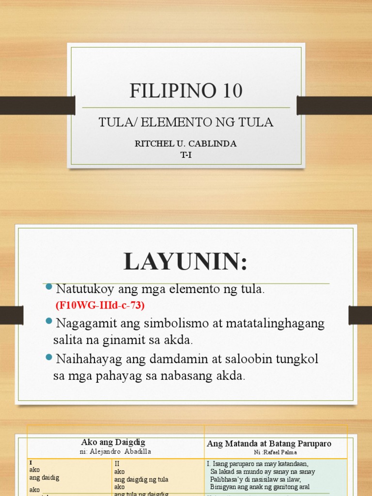 Filipino 10: Tula/ Elemento NG Tula | PDF