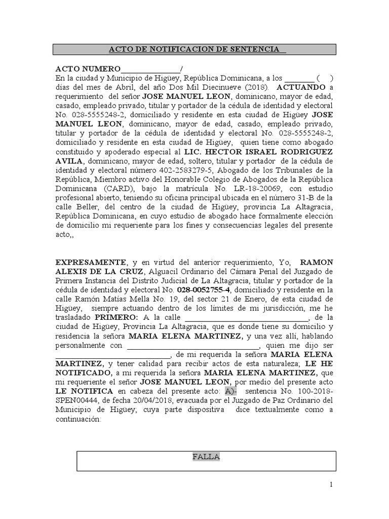 ACTO DE NOTIFICACION DE SENTENCIA de Reduccion de Pension Alimentaria ... ACTO DE NOTIFICACION DE SENTENCIA de Reduccion de Pension Alimentaria ...