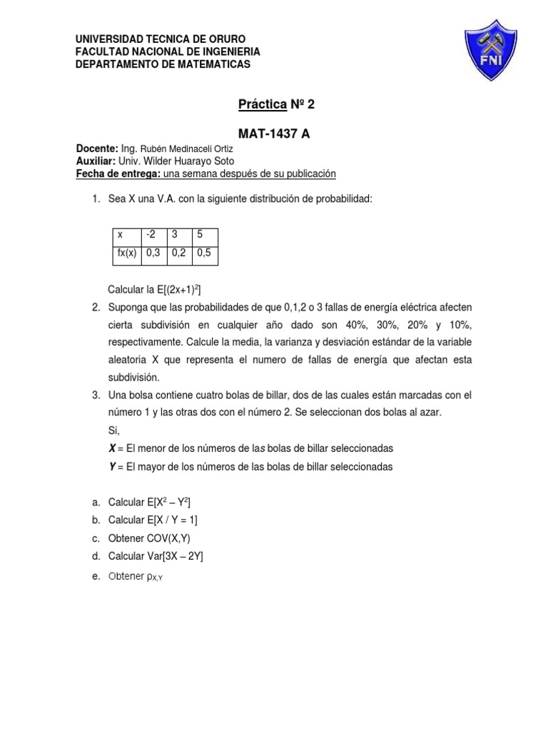 Práctica #2 - MAT 1437 A - (1 - 2023) | PDF | Variable aleatoria | Función de densidad de ...