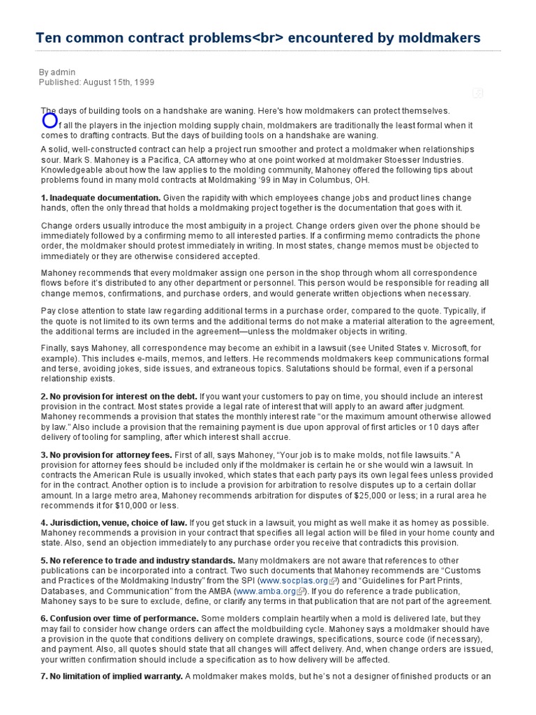 Ten Common Contract Problems Br Encountered By Moldmakers Pdf Lien Lawsuit 