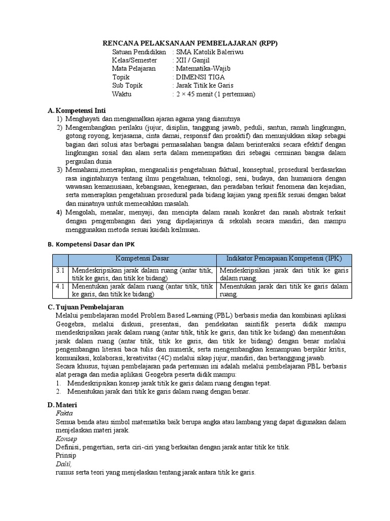 RPP Jarak Titik Ke Garis Dalam Ruang | PDF