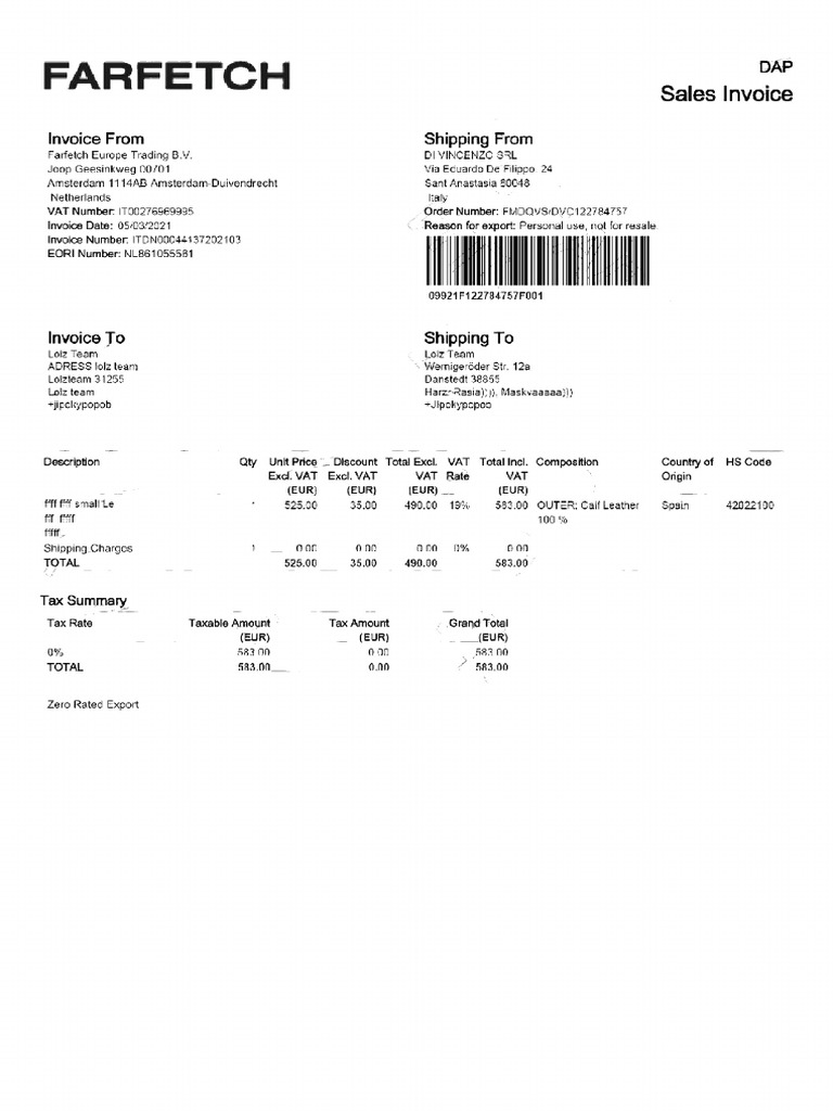 Farfetch: Sales Invoice | Download Free PDF | Value Added Tax | Taxes