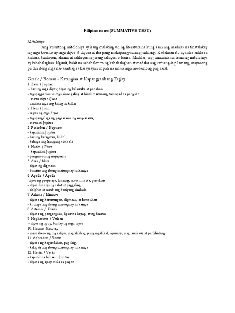 Filipino Notes (Summative Test) | PDF