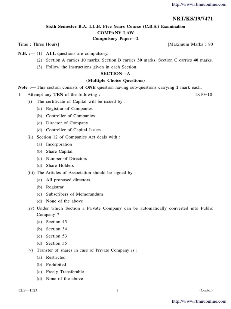 Ballb 6 Sem Company Law p2 7471 Summer 2019 | PDF | Articles Of Association | Corporate Law