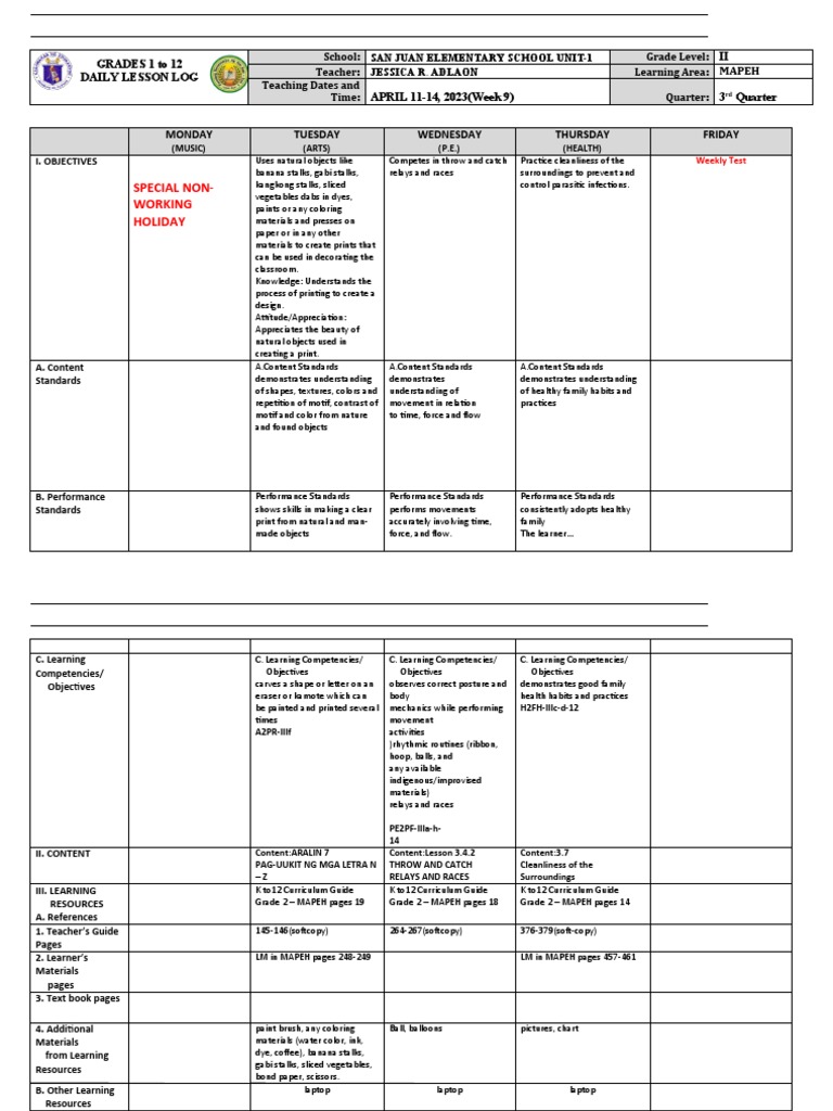 5 DLL Mapeh 2 q3 Week 9 | PDF | Learning