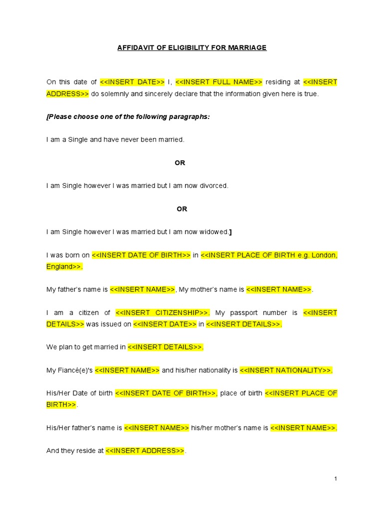 Establishing Eligibility for Marriage: An Affidavit of Marital Status ...