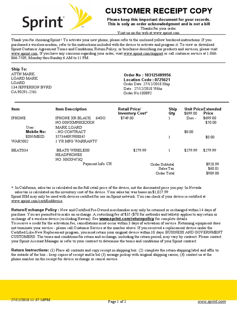 Sprint Customer Receipt for iPhone XR | PDF | Sprint Corporation | Receipt
