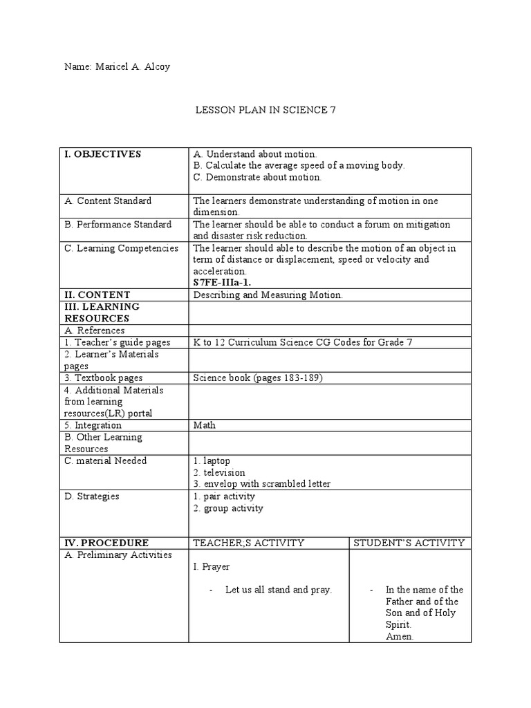 Grade 7 Force and Motion Lesson Plan | PDF | Speed | Force