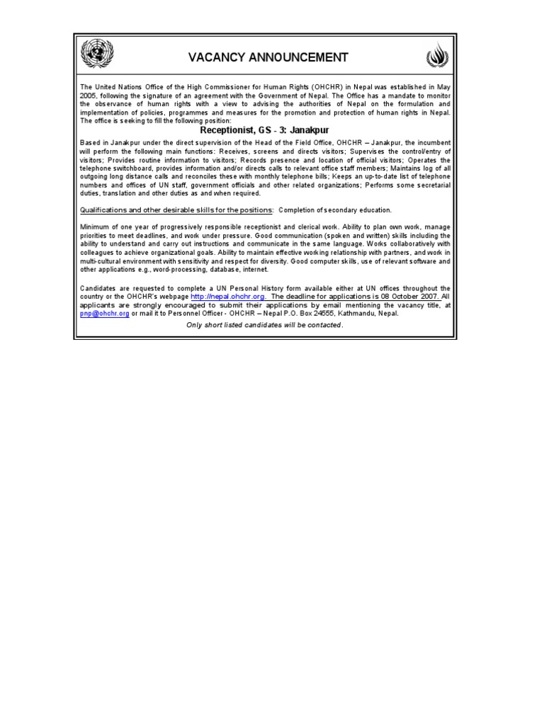 Vacancy - Receptionist - Janakpur | PDF