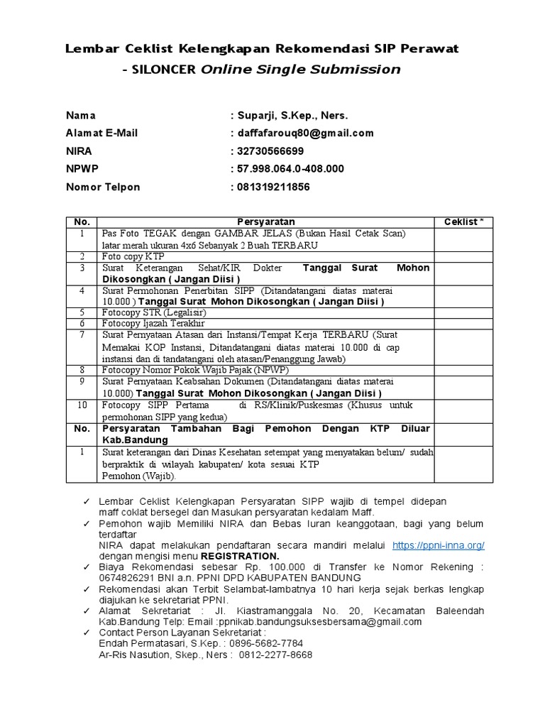 Lembar Ceklist Kelengkapan Rekomendasi SIP Perawat 2023 | PDF