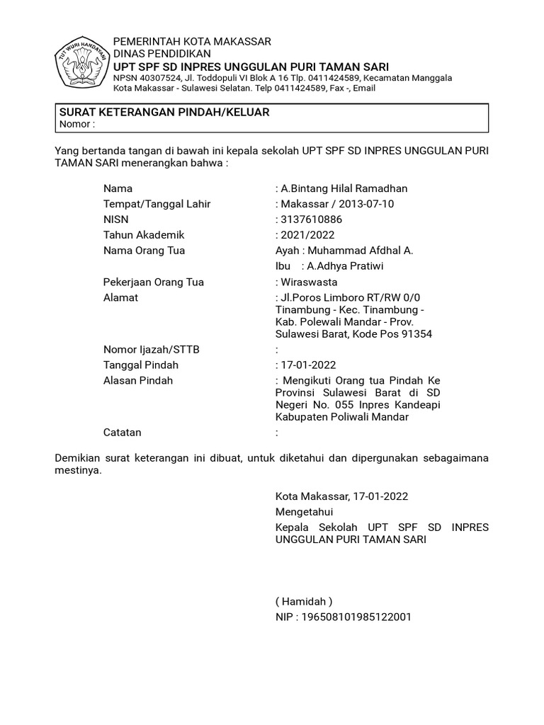Upt SPF SD Inpres Unggulan Puri Taman Sari: Nomor | PDF