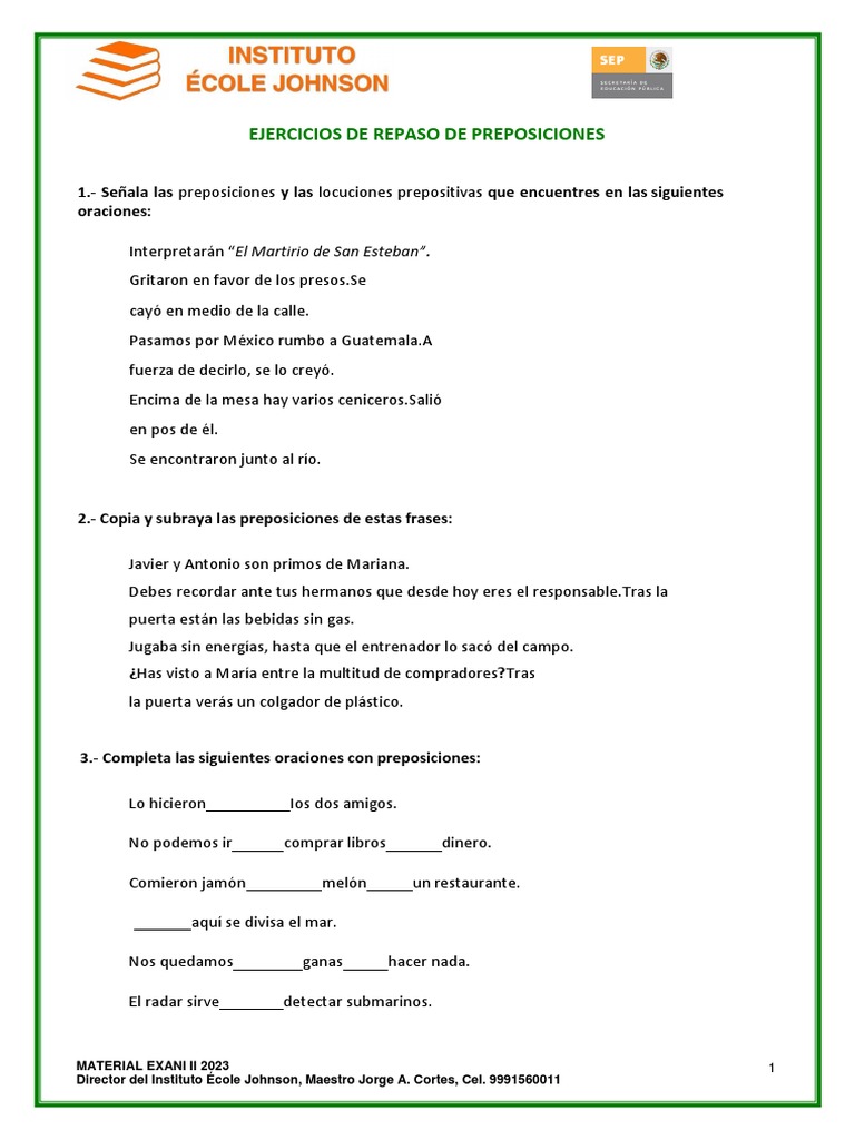 Ejercicios Preposiciones | PDF