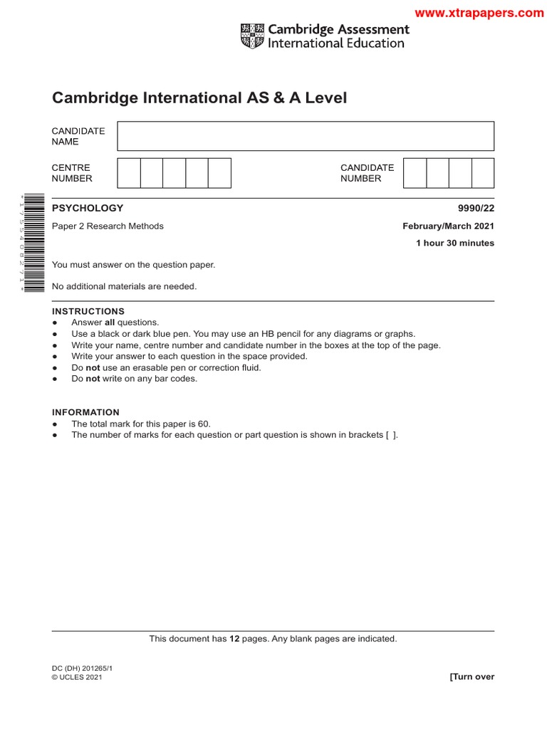 Cambridge International AS & A Level: PSYCHOLOGY 9990/22 | PDF