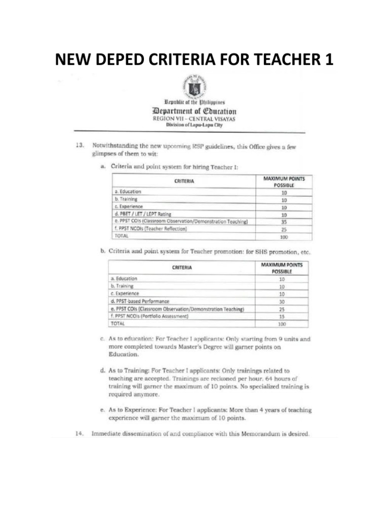 New Deped Criteria For Teacher 1 | PDF