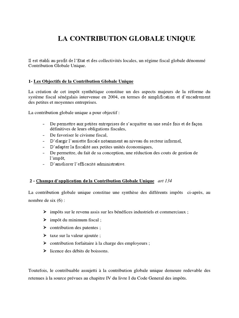 Contribution Globale Unique au Sénégal | PDF | Impôts | Taxe sur la ...