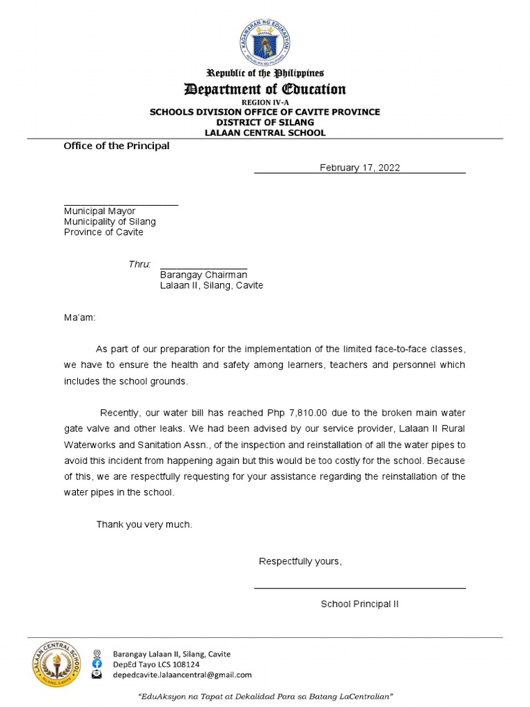 SAMPLE Request For Reinstallation of The Water Pipes | PDF | Finance ...