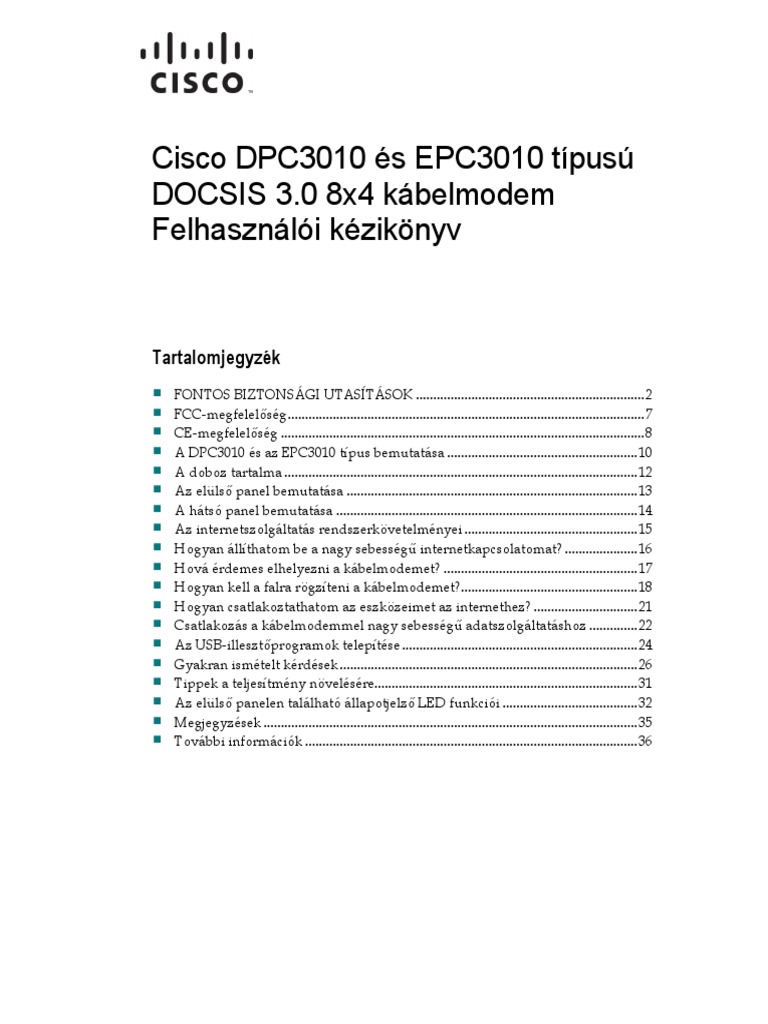 Cisco DPC3010 És EPC3010 Típusú DOCSIS 3.0 8x4 Kábelmodem Felhasználói ...