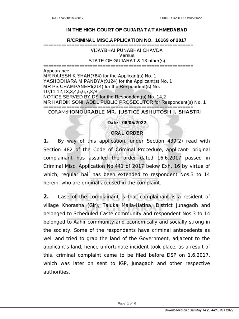 In The High Court of Gujarat at Ahmedabad R/Criminal Misc - Application No. 16169 of 2017 | PDF ...
