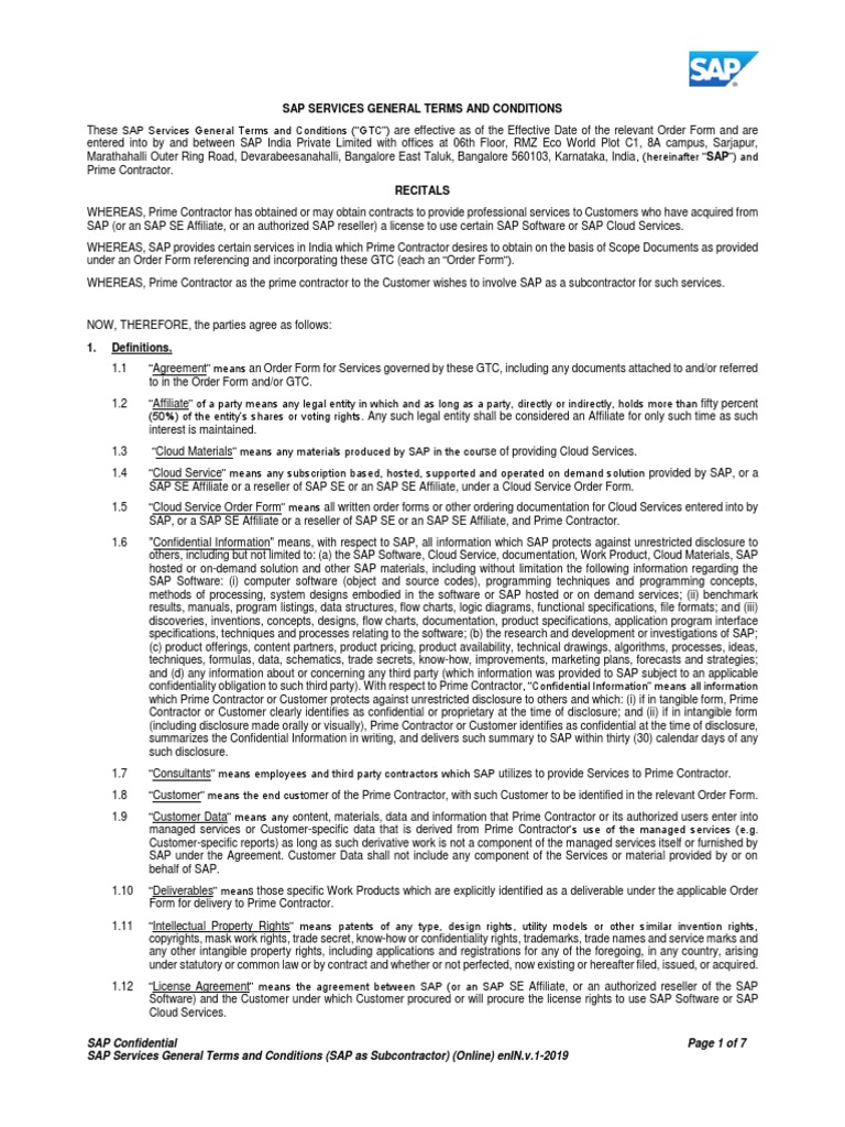 Sap Services General Terms and Conditions | PDF | Breach Of Contract | Taxes