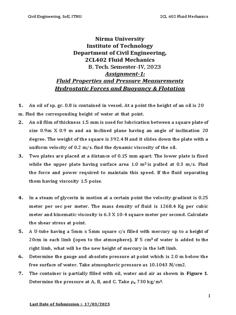 Assignment-1 - FM - 2023 | PDF | Pressure Measurement | Pressure