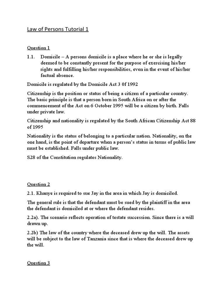 Law of Persons Tutorial 1 | PDF