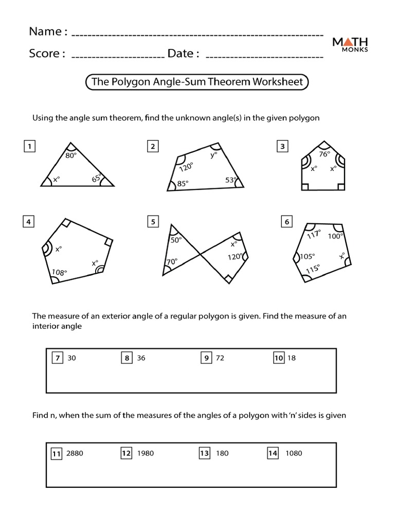 Polygon Angle Sum Theorem Worksheet | PDF