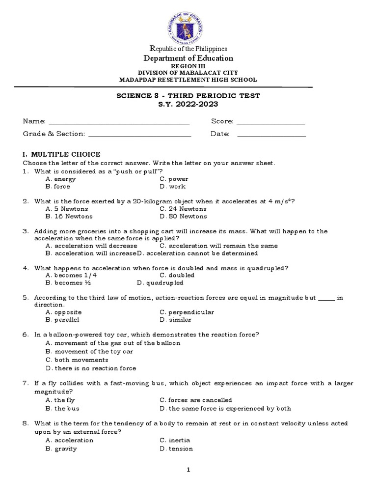 R Department of Education: Science 8 - Third Periodic Test S.Y. 2022 ...