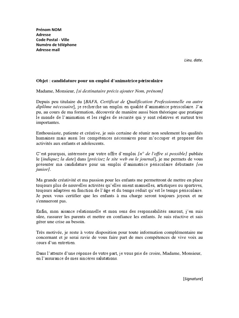 Lettre Motivation Animatrice Periscolaire Debutant 1 Pdf