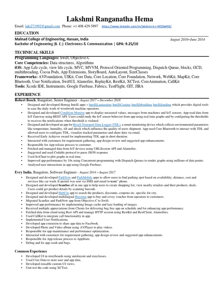 Lakshmi Ranganatha Hema Resume | PDF | Mobile App | Swift (Programming Language)