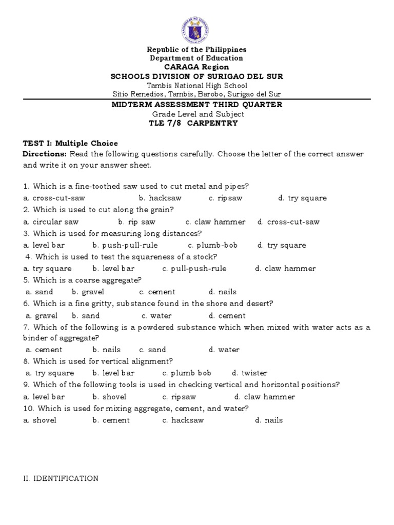 TLE 7/8 Carpentry Midterm Assessment | PDF