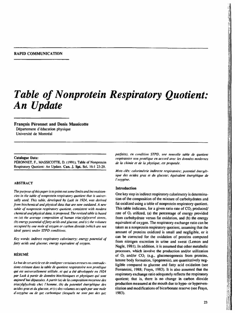 Table of Nonprotein Respiratory Quotient An Update | PDF