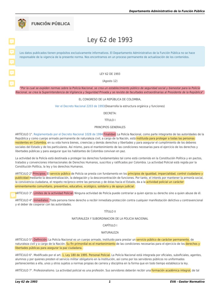 Ley 62 de 1993 Normas Sobre La Policia Nacional | PDF | Policía | Alcalde