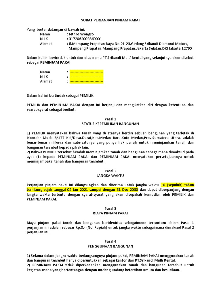 SURAT PERJANJIAN pinjam pakai-Medan | PDF