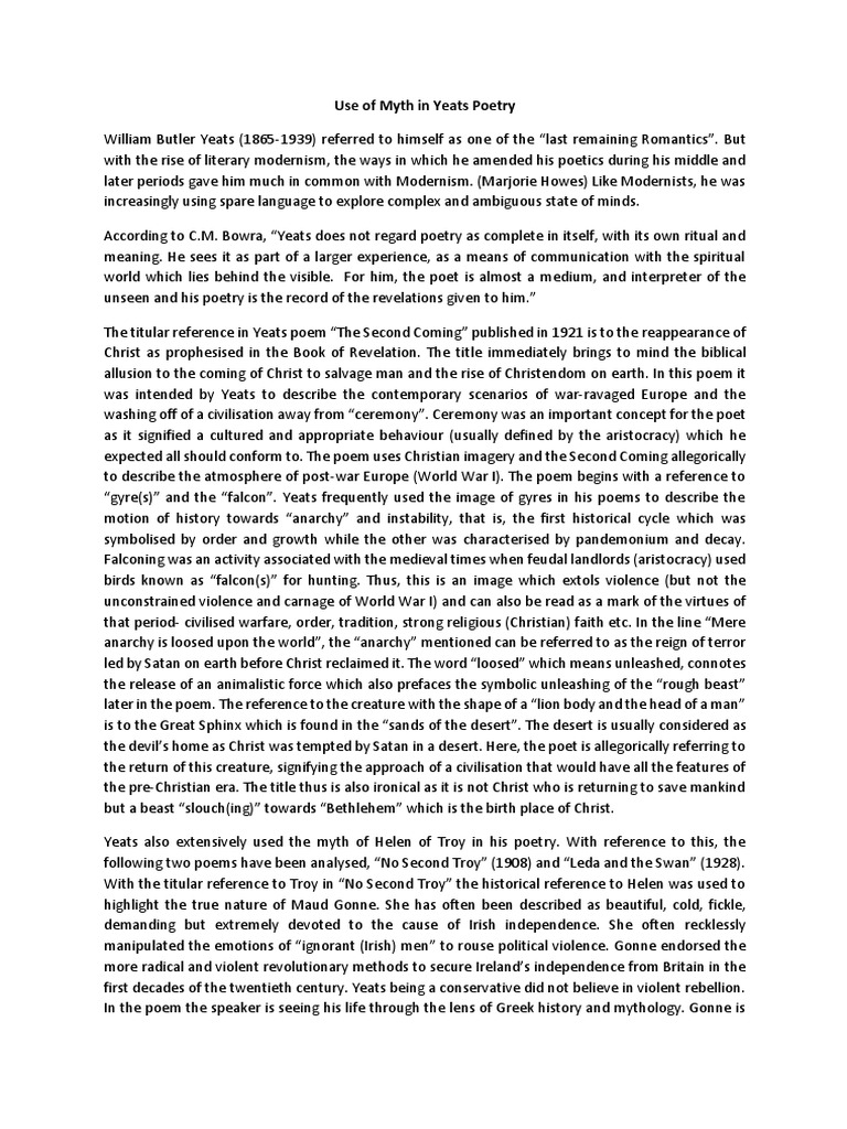 Use of Myth in Yeats Poetry | PDF