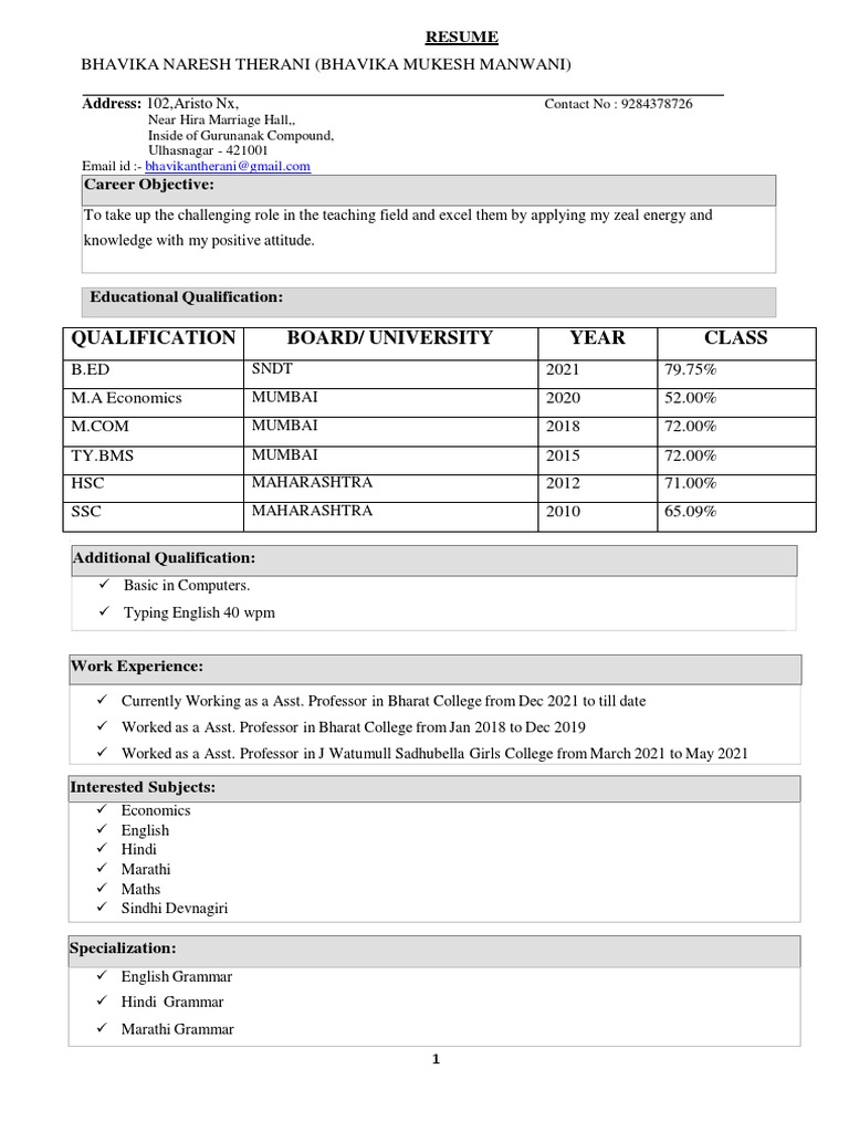 Bhavika Therani CV | Download Free PDF | Cognition | Behavior Modification