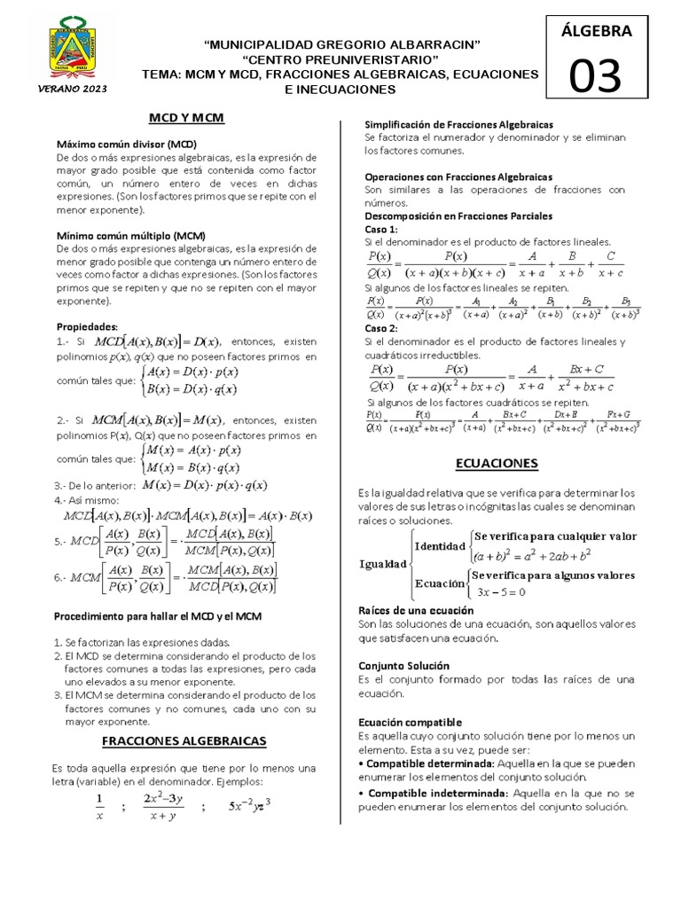 Practica - N°3 - MDM MCM - Fracciones Algebraicas - Ecuaciones e ...