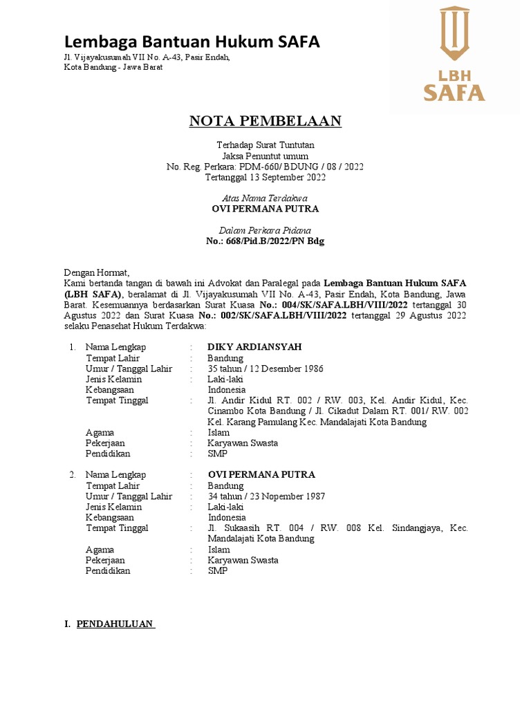 Lembaga Bantuan Hukum SAFA: Nota Pembelaan | PDF