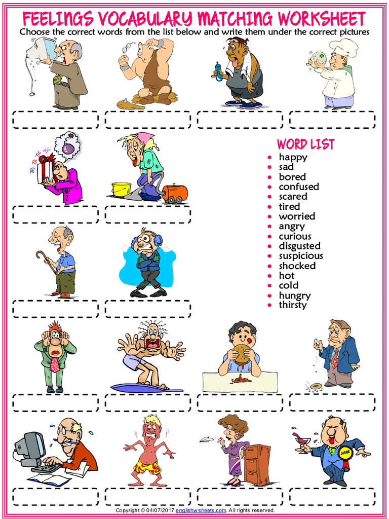 Feelings Emotions Vocabulary Esl Matching Exercise Worksheet For Kids | PDF
