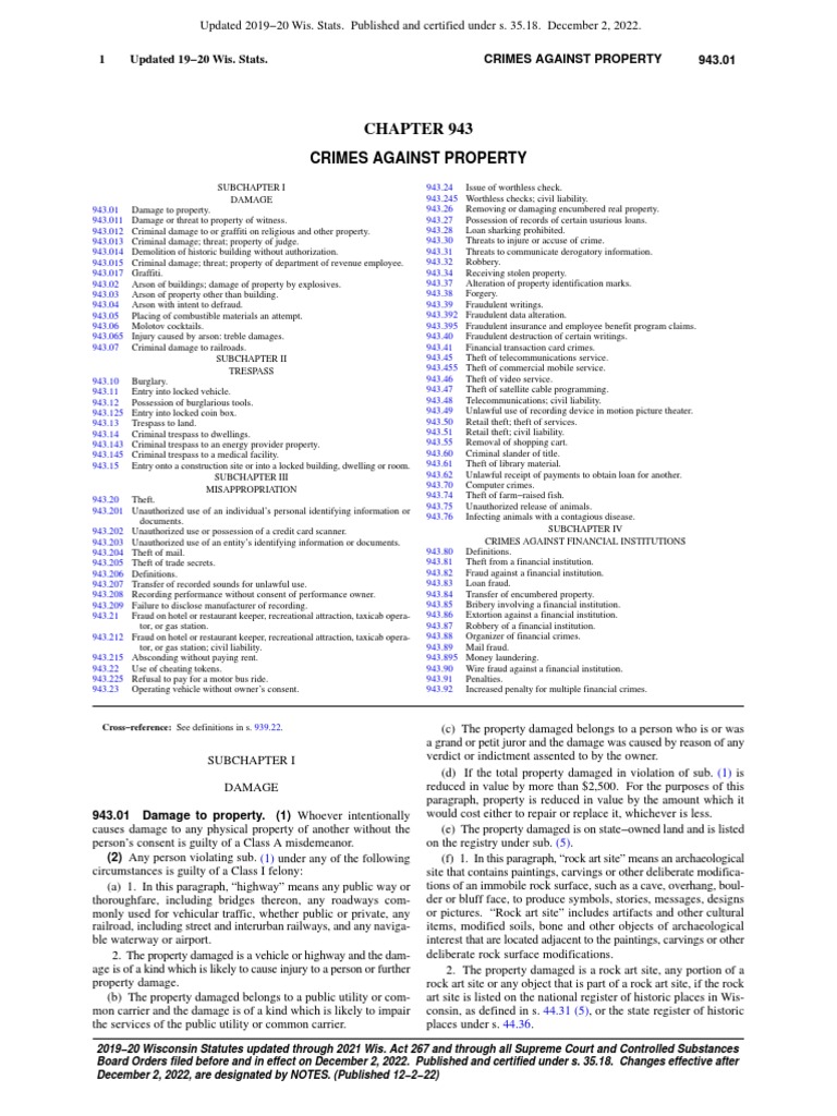 CHAPTER 943 CRIMES AGAINST PROPERTY Updated 2019 20 Wis Stats Published ...
